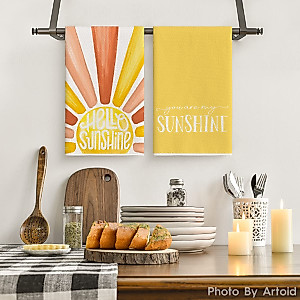 Artoid Mode Red Yellow Hello Sunshine Summer Kitchen Towels Dish Towels, 18x26 Inch Seasonal Decoration Hand Towels Set of 2