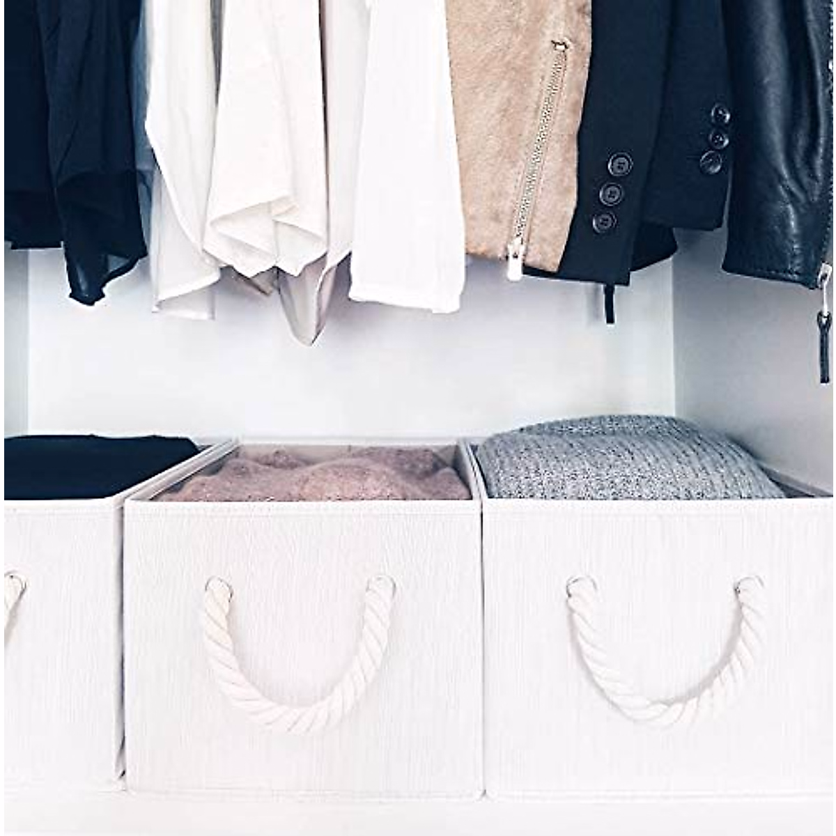 EZOWare Set of 7 Bamboo Fabric Storage Bins Baskets with Cotton Rope Handle, Collapsible Cube Container Box for Nursery, Kids, Closet, and More