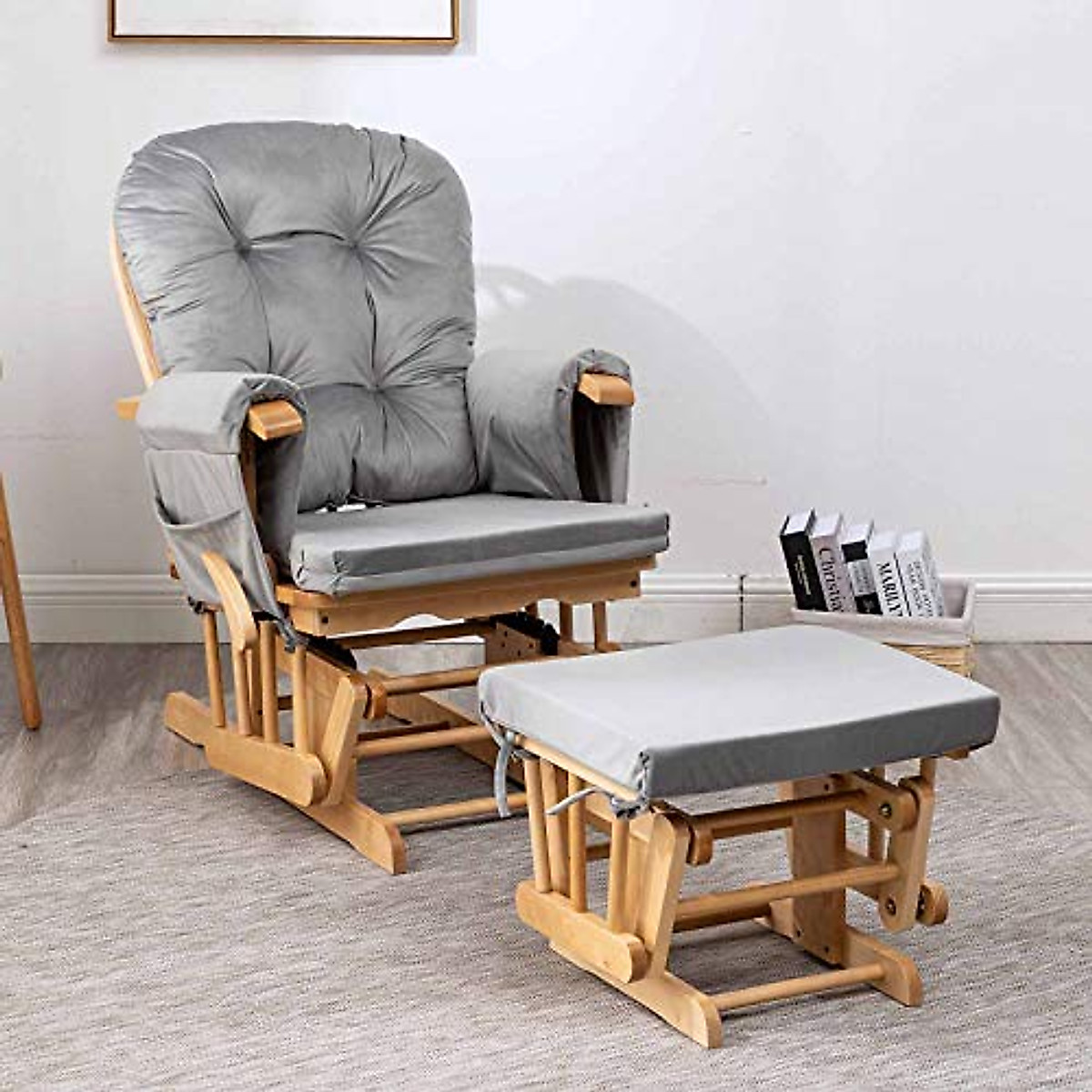 Paddie Glider Rocker Replacement Cushions with Storage Velvet Washable Non Slip for Glider Rocking Chair, 5PCS, Light Grey