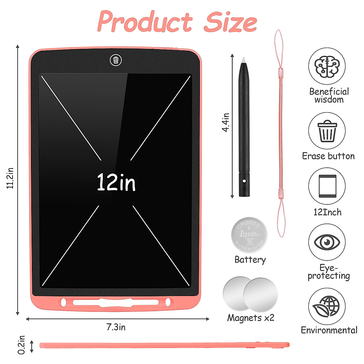 LCD Writing Tablet 12 Inch Toddler Doodle Board, Colorful Drawing Tablet, Erasable Electronic Painting Pads, Educational and Learning Kids Toy for 2 3 4 5 6 Year Old Boys and Girls Gifts(Pink)