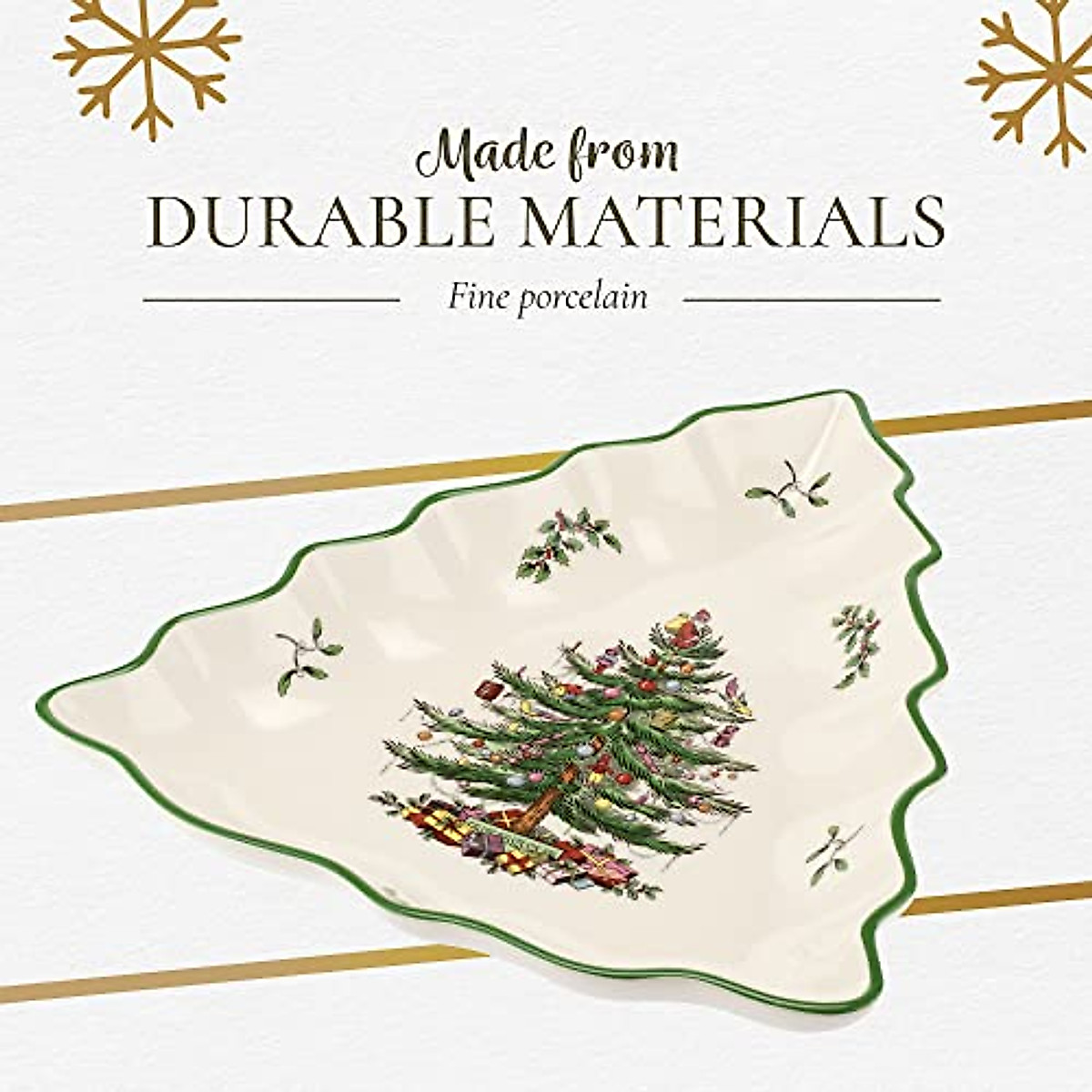Spode Christmas Tree Collection Tree Shaped Dish, 10-Inch, Made of Porcelain, Serving Dishes, Christmas Tree Design, Green/Beige, Dishwasher and Microwave Safe