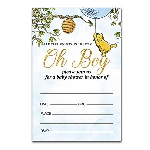 Dolimifa Blue Oh Boy a Little Hunny is on His Way Baby Shower Invitations Fill in Style Classic Winnie the Pooh Bear Baby Shower Invites, 20 Count With Envelopes