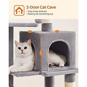 Feandrea Cat Tree, 44.1-Inch Cat Tower for Indoor Cats, Multi-Level Cat Condo with 4 Scratching Posts, 2 Perches, Hammock, Cave, Light Gray UPCT261W01
