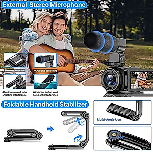 4K Video Camera Camcorder 48MP UHD WiFi IR Night Vision Vlogging Camera for YouTube 16X Digital Zoom Touch Screen Camera Recorder with Microphone, Handheld Stabilizer, Lens Hood, Remote,2 Batteries