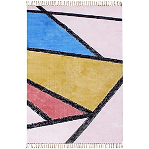 Casavani Hand Block Printed Cotton Dhurrie Geometric Pink & Yellow Area Rug Doormat Floor Rug Indoor Area Rugs for Bedroom Living Room Laundry Room 3x20 Feet Runner