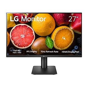 LG FHD (1920 x 1080) 27 Inch Computer Monitor, IPS, AMD FreeSync, 3-Side Borderless Design, Tilt/Height Adjustable Stand, 75Hz, 5ms, OnScreen Control, HDMI, DisplayPort, D-Sub, 27MP450-B, Black