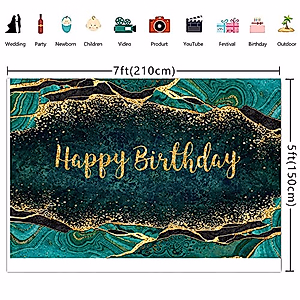Ticuenicoa 7×5ft Emerald Green Backdrop Fluid Happy Birthday Photography Background for Men WomenMarble and Gold Glitter 30th 40th 50th 60th 70th Party Banner Decorations Photo Studio Props