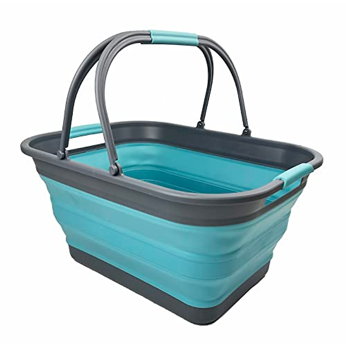 SAMMART 29L (7.6 Gallons) Collapsible Tub with Handle - Portable Outdoor Picnic Basket/Crater - Foldable Shopping Bag - Space Saving Storage Container (Grey/Crystal Blue)