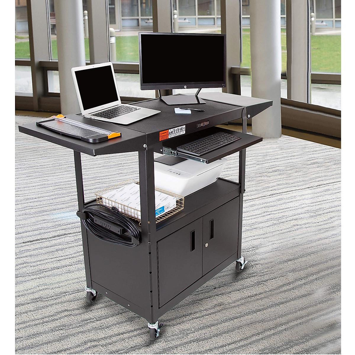 Line Leader Large AV Cart with Locking Cabinet & Drop Leaves, Rolling Height Adjustable Utility Cart with Pullout Laptop Keyboard Tray & Cord Management, Narrow Mobile Workstation (Black, 54 x 18)