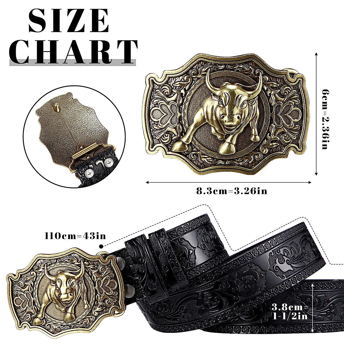 Photect Western Leather Belt, 1.5 Inch Wide, Black, 45 Inch, Unisex, Floral Embossed, Long Lasting, Golf, Buckle