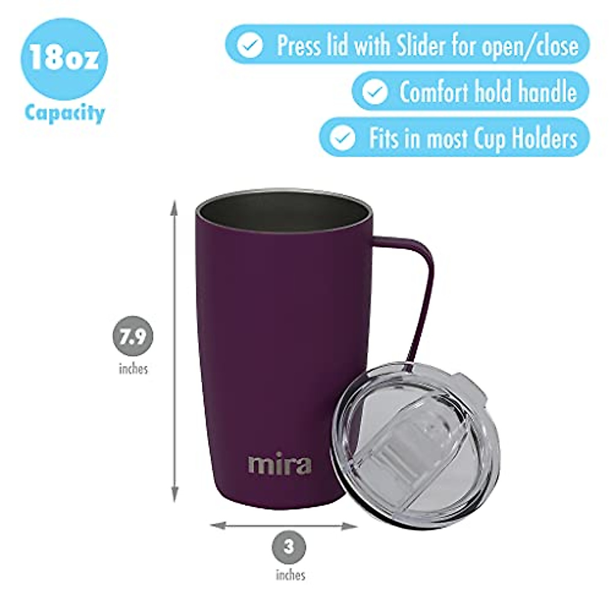 MIRA 18 oz Insulated Coffee Mug - Stainless Steel Travel Cup with Easy-Grip Handle - Car Cup Holder Compatible - Iris