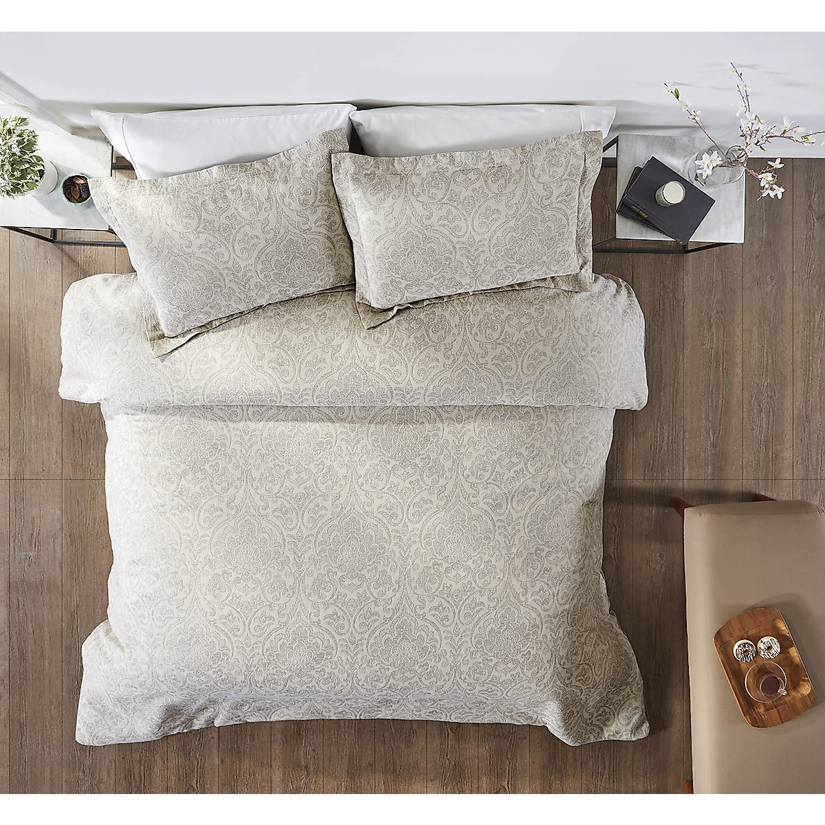 Better Trends Haven Damask Duvet Cover Collection 100% Cotton Tufted Unique Luxurious Soft Plush Woven Machine Washable Tumble Dry, Queen Set, Grey