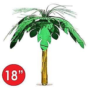 Beistle 2 Piece Metallic Plastic Palm Tree Cascade Centerpieces for Luau Hawaiian Theme Birthday Party Supplies Jungle Safari Decorations, 18", Green/Gold