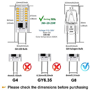 TAIYALOO G8 LED Bulb Dimmable 3W Equivalent to G8 Halogen Bulb 20W-25W, T4 JCD Type Bi-Pin G8 Base, AC 120V G8 Bulb Warm White 3000K for Under Cabinet Light, Under Counter Kitchen Lighting (10 Pack)