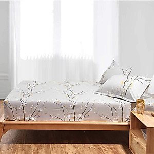 Nanko Queen Fitted Bed Sheet 80x60 Deep Pocket Mattress Tan Gray Plum Blossom Floral Cool Soft Lightweight Microfiber Bedding Set 2 Pillowcases 10 11 12 14 inch Grey Flower