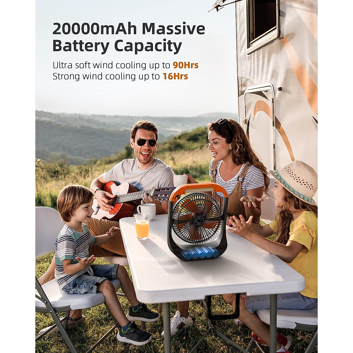 Koonie 8in 20000mAh Camping Fan with Timer, LED Lantern and Hook, 90hrs Rechargeable Battery USB Fan with 4 Speeds, 350°Head Rotation, Desk Table Fan for Bedroom, Outdoor, Tent, Travel, Picnic