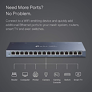TP-Link 16 Port Gigabit Ethernet Network Switch | Desktop/ Wall-Mount | Lifetime Protection | Fanless | Sturdy Metal w/ Shielded Ports | Traffic Optimization | Unmanaged (TL-SG116) (Renewed)