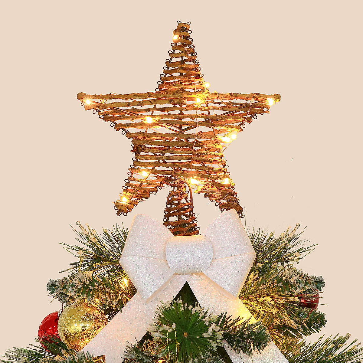 Christmas Tree Topper,Lighted Rattan Star Tree Topper with 15 LED Lights for Christmas Tree and Holiday Seasonal Decoration (Thick