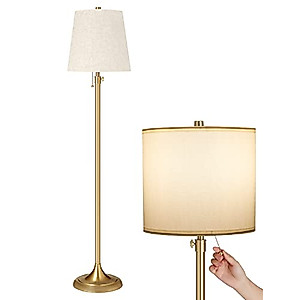 Meisoda Gold Floor Lamp, 9W 3 CCT Dimmable Standing Lamp with 2 Linen Lamp Shades and Pull Chain for Living Room, Bedroom, Office, 58" to 65" Adjustable Height, Modern Brushed Bronze Design