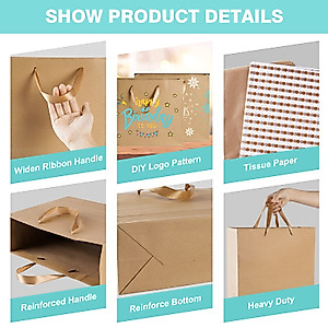 12 Pack Kraft Paper Bags, Large Gift Bags with Tissue Paper, Brown Paper Gift Bags with Ribbon Handles for Shopping, Small Business, Bridal Party, Wedding, Christmas and Holiday (12.5” x4.5” x11”)