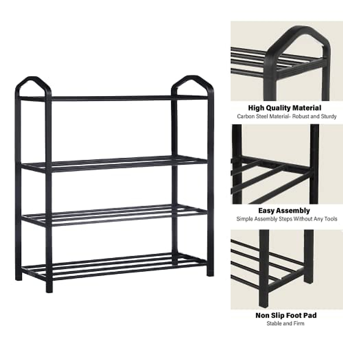 YSSOA 4-Tier Stackable Shoe Rack, 12-Pairs Sturdy Shoe Shelf Storage, Black Shoe Tower for Bedroom, Entryway, Hallway, and Closet, 1 Pack
