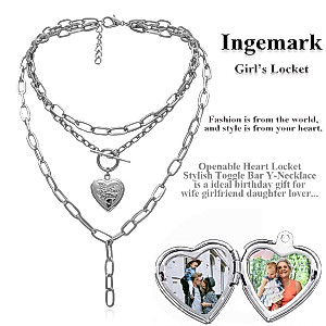 Ingemark Statement Cool Punk Chunky Chain Toggle Necklace for Women Heart Shaped Photo Locket Pendant Layered Heart Locket Necklace (Style 3 Silver)