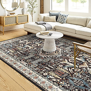 Washable Living Room Area Rug - 8x10 Large Bedroom Rug Distressed Oriental Non-Slip Non-Shedding Print Floor Carpet for Dining Room Kitchen (Black, 8 x 10)