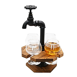 Owlgift Industrial Pipe & Burnt Wood Beer/Whiskey Flight Set with 4 Glasses, Cast Iron Faucet Spigot Design