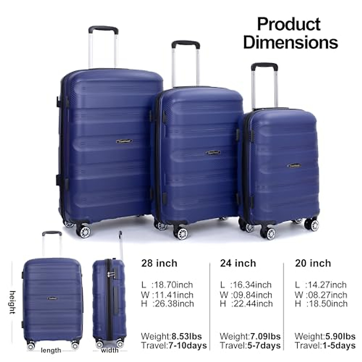 Tripcomp Hardshell Luggage Sets 3 Piece, Lightweight Suitcase Set with Spinner Wheels TSA Lock, Travel Carry-on and Checked Luggage, 3-Piece Set(20/24/28), Dark Bule