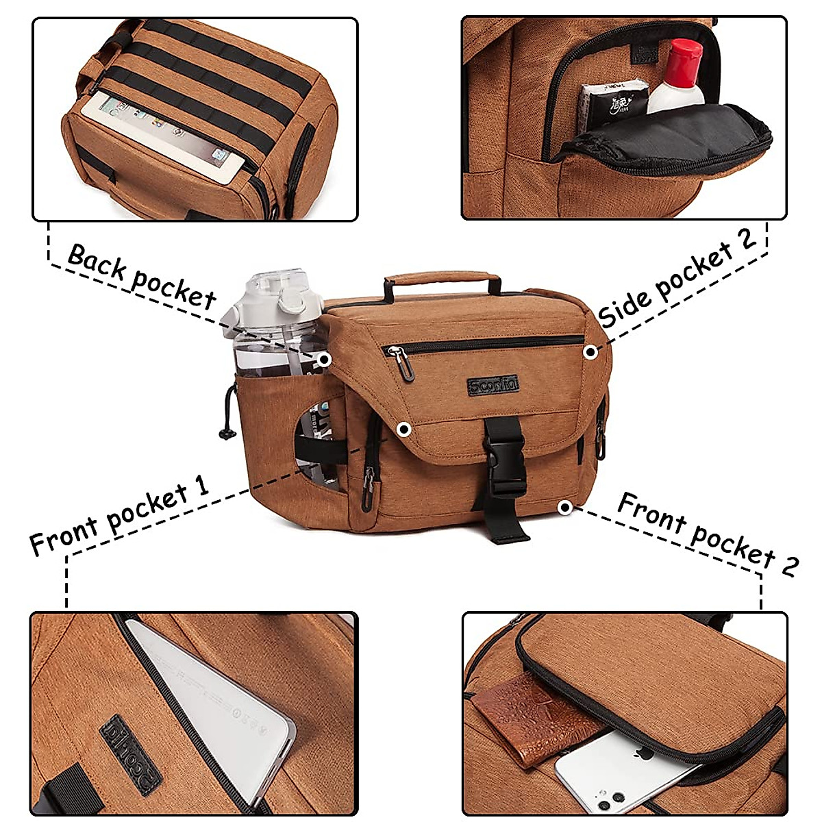 Scorlia Insulated Lunch Bag for Men/Women, Leakproof Lunch Box for Office Work School Picnic Hiking Beach, Reusable Cooler Tote Bag with Adjustable Shoulder Strap and Large Water Bottle Holder - Brown