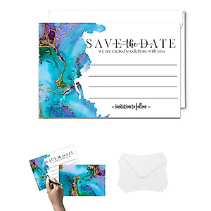 Paper Clever Party Teal and Purple Save the Date with Envelopes, All Occasion Cards for Wedding Invitations, Birthday, Graduation, Modern Watercolor, 3.5x5, 25 Pack