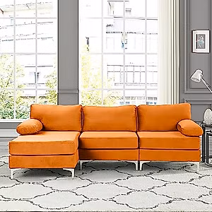 Casa Andrea Milano Modern Large Velvet Fabric Sectional Sofa, L-Shape Couch with Extra Wide Chaise Lounge, Orange