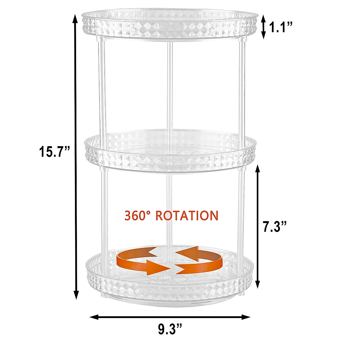 BYFU 3 Tier Rotating Lazy Susan Makeup Organizer, Turntable Clear Diamond Cosmetic Display Storage Tray, Plastic Bathroom Holder Rack for Kitchen, Table, Cabinet, Countertop, Pantry (Clear Diamond)