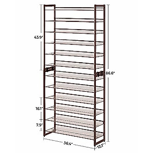 SONGMICS Shoe Rack, 12-Tier Tall Metal Shoe Storage Organizer for Closet, Entryway, Garage, Set of 2 6-Tier Big Stackable Shoes Rack Shelf, Adjustable Feet, Slanted Shelves, Holds 48-60 Pairs, Bronze