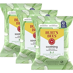 Burt's Bees Aloe Vera Face Wipes, for Sensitive Skin, Soothing Makeup Remover & Facial Cleansing Towelettes, 30 Ct. (3-Pack)