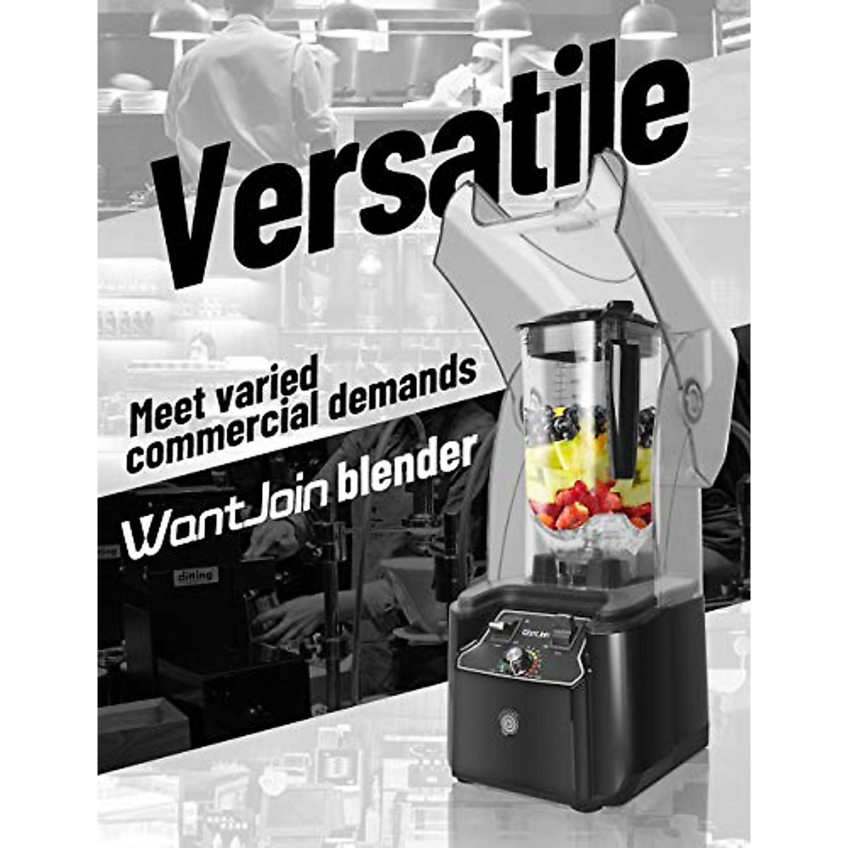 WantJoin Professional Commercial Blender With Shield Quiet Sound Enclosure 2200W Industries Strong and Quiet Professional-Grade Power, Self-Cleaning, Black