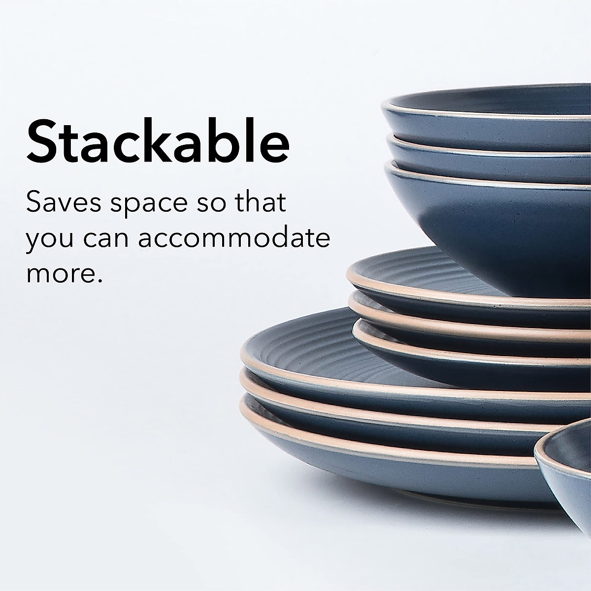 Arora RINGAR Round Stoneware 16pc Double Bowl Dinnerware Set for 4, Dinner Plates, Side Plates, Cereal Bowls, Pasta Bowls - Speckle Matte Blue (420796)