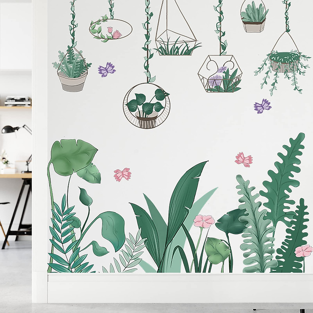 Tropical Vine Plant Potted Wall Stickers, Removable Green Plants Leaves Garden Decal Decor, DIY Art Murals Wallpaper for Living Room Bedroom Kitchen Nursery