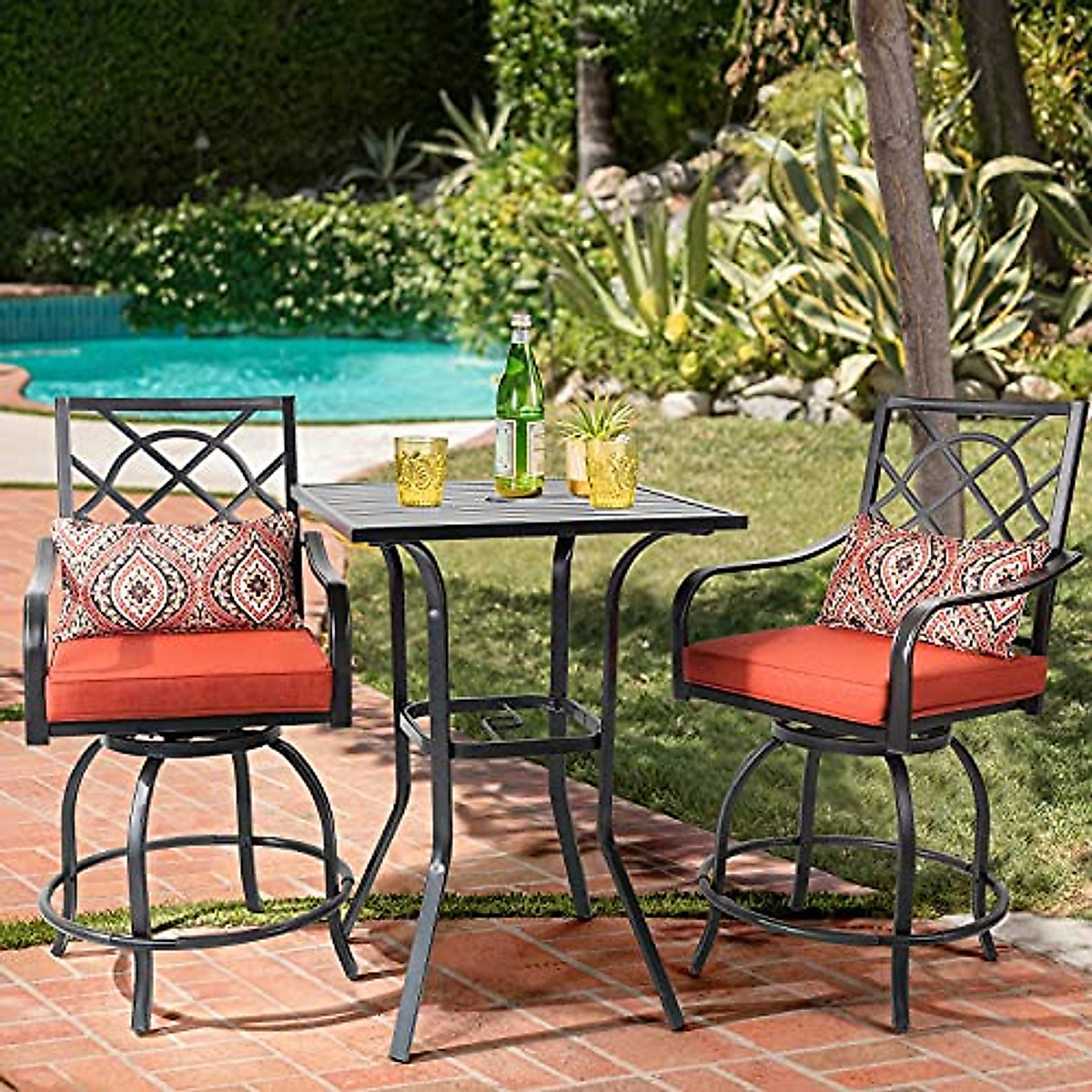 Omelaza Patio Height Bar Table, Outdoor Bistro Square High Top Dining Table with 1.57'' Umbrella Hole & Steel Slat Table Top (Black)