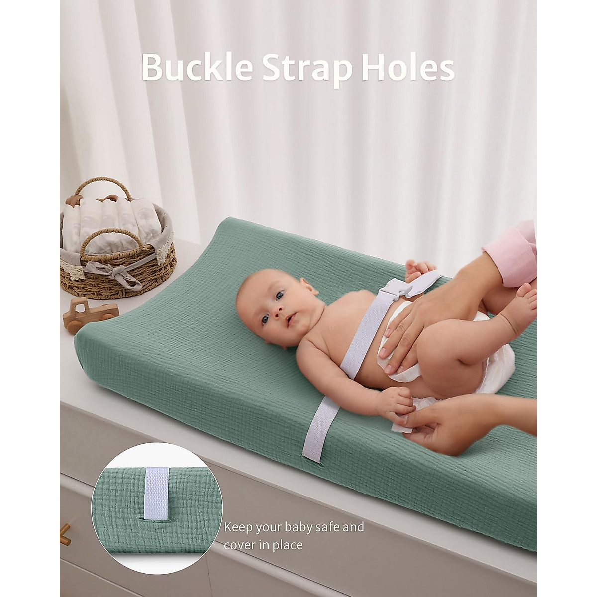 Muslin Changing Pad Cover for Baby Girls Boys, Cotton Natural Comfort Diaper Change Table Pad Covers, Ultra Soft Breathable Boho Changing Pad Sheets, 2Pack (Roman Green&Botanical Leaf)