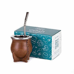 Cebala Yerba Mate cup set - Premium Ceramic yerba mate set (original from Uruguay) - Includes Leather mate cup and alpaca bombilla (straw) (Light Brown)