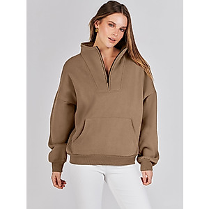 ANRABESS Womens Half Zip Sweatshirts Oversized Crop Pullover 2024 Winter Y2K Fleece Hoodie Sweater Teen Girls Fall Clothes Brown Large