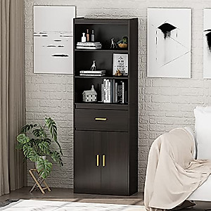 FUFU&GAGA Modern Bookcase Storage Cabinet, Tall Storage Wooden Bookshelf with 3 Tiers Shelf, 2 Doors & 1 Drawer for Home Office, Bedroom, Living Room, 23.6" W x 11.8" D x 70.8" H, Black-Brown