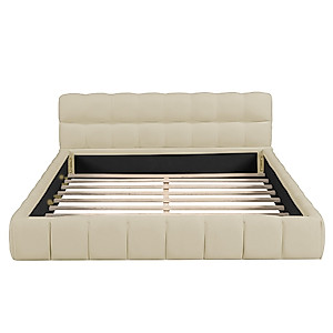 QVUUOU Grounded Bed Upholstered Platform Bed with Unique Design Thick Fabric Headboard, Queen Size Wood Platform Bed Frame for Kids Adults Bedroom Furniture, Linen Upholstered Bed Floor Bed (Beige)