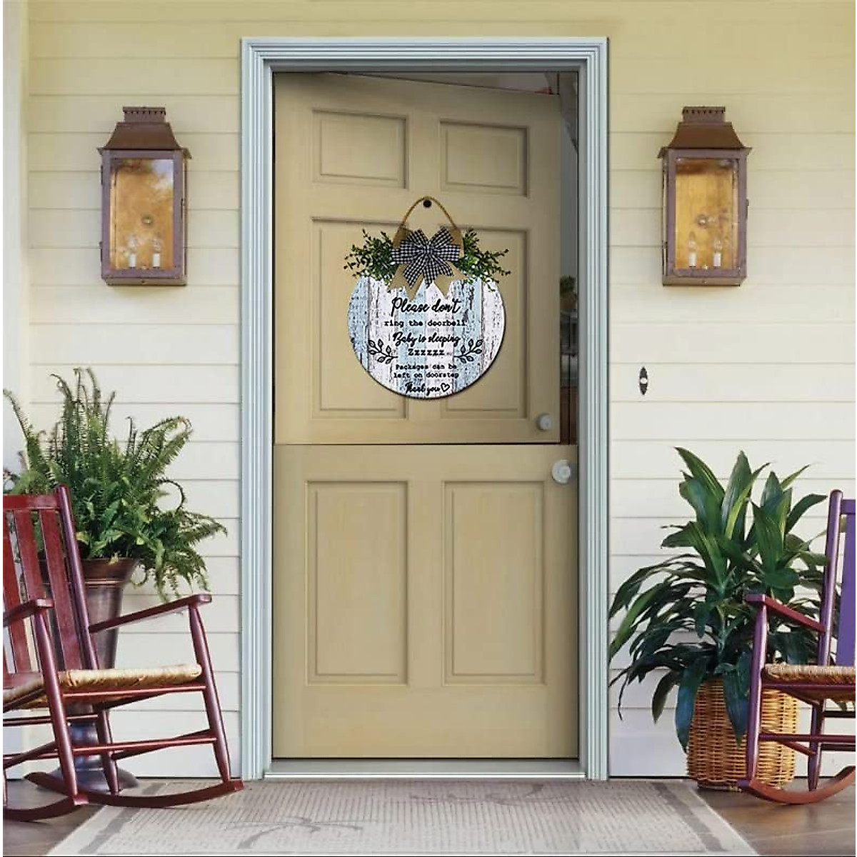 Sokomurg Baby Sleeping Sign for Front Door 11Inch Please Don't Ring The Doorbell Baby Is Sleeping Packages Can Be Left On Doorstep Thank You Round Wooden Door Hanger for Baby Room Nursery Front Door Door Knob Decor