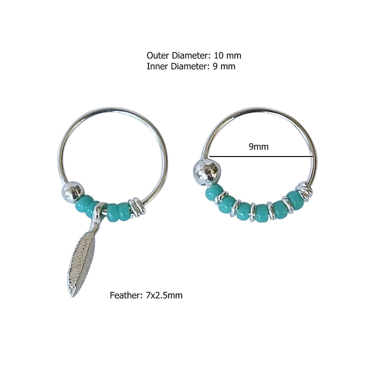 Handmade Silver 2Pcs Small 10MM Cartilgae Helix Piercing Beaded Hoop Earrings, 925 Sterling Silver Thin 22Gauge Set of Two Turquoise Beads & Feather Hoops for women, By Miya Jewelry