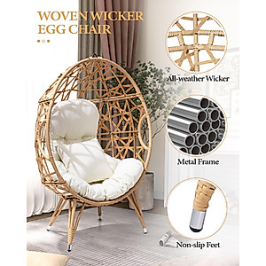 Crestlive Products Patio Wicker Egg Chair with Cushion and Pillow, Oversized Rattan Hanging Basket Lounge Chair with Legs, Teardrop Cuddle for Indoor Outdoor Bedroom Garden Deck Balcony (Beige)