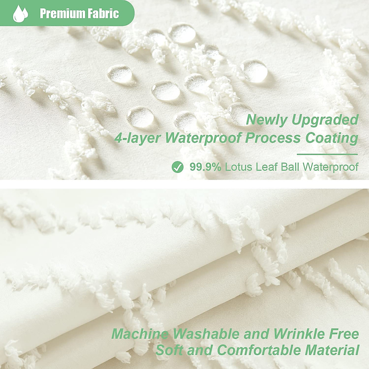 Dynamene Boho Farmhouse Shower Curtain, Cream Fabric Tufted Chevron Striped Textured Tassel Shower Curtains for Bathroom, Water Repellent, Minimalist Ruffled Cloth Shower Curtain Set with Hook, 72x72