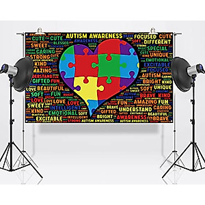 Nepnuser Autism Awareness Photo Booth Backdrop Puzzle Piece Love Heart April Decoration Be Kind Indoor Outdoor Wall Decor-5.9×3.6ft