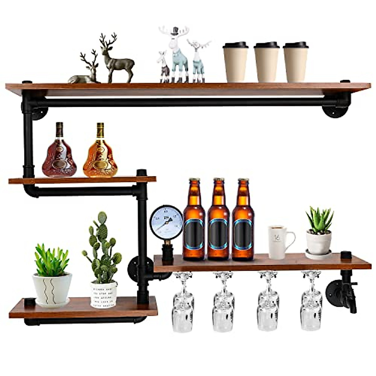 Rocomoco Industrial Pipe Shelving Wine Rack Wall Mounted with 4 Stem Glass Holder 39 Inch Bar Shelf Rustic Metal Floating Wall Bar Shelf 4-Tiers Hanging Liquor Wood Shelves Glass Rack for Kitchen
